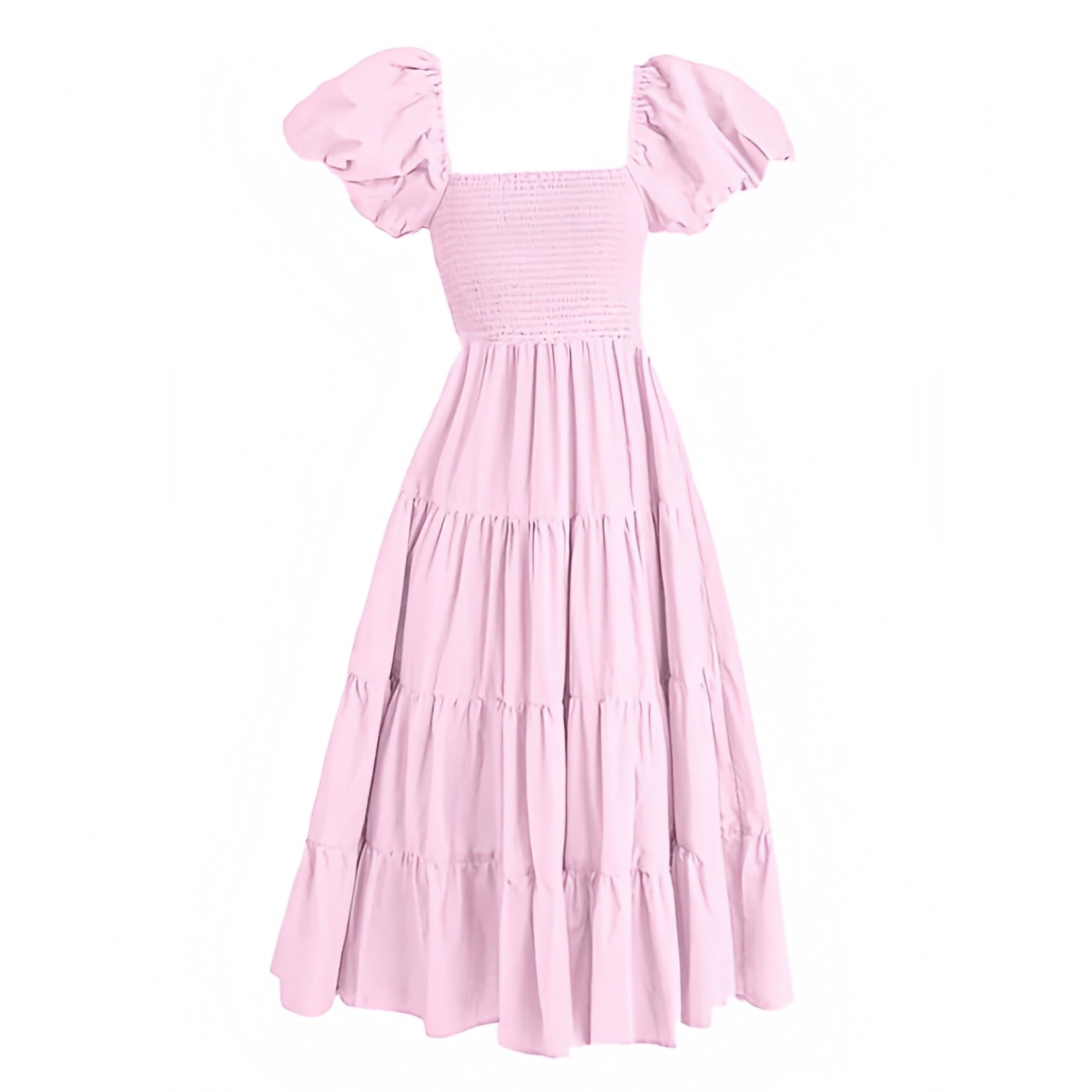 Light Pink Smocked Linen Tiered Puff Sleeve Flowy Maxi Dress – Toadds