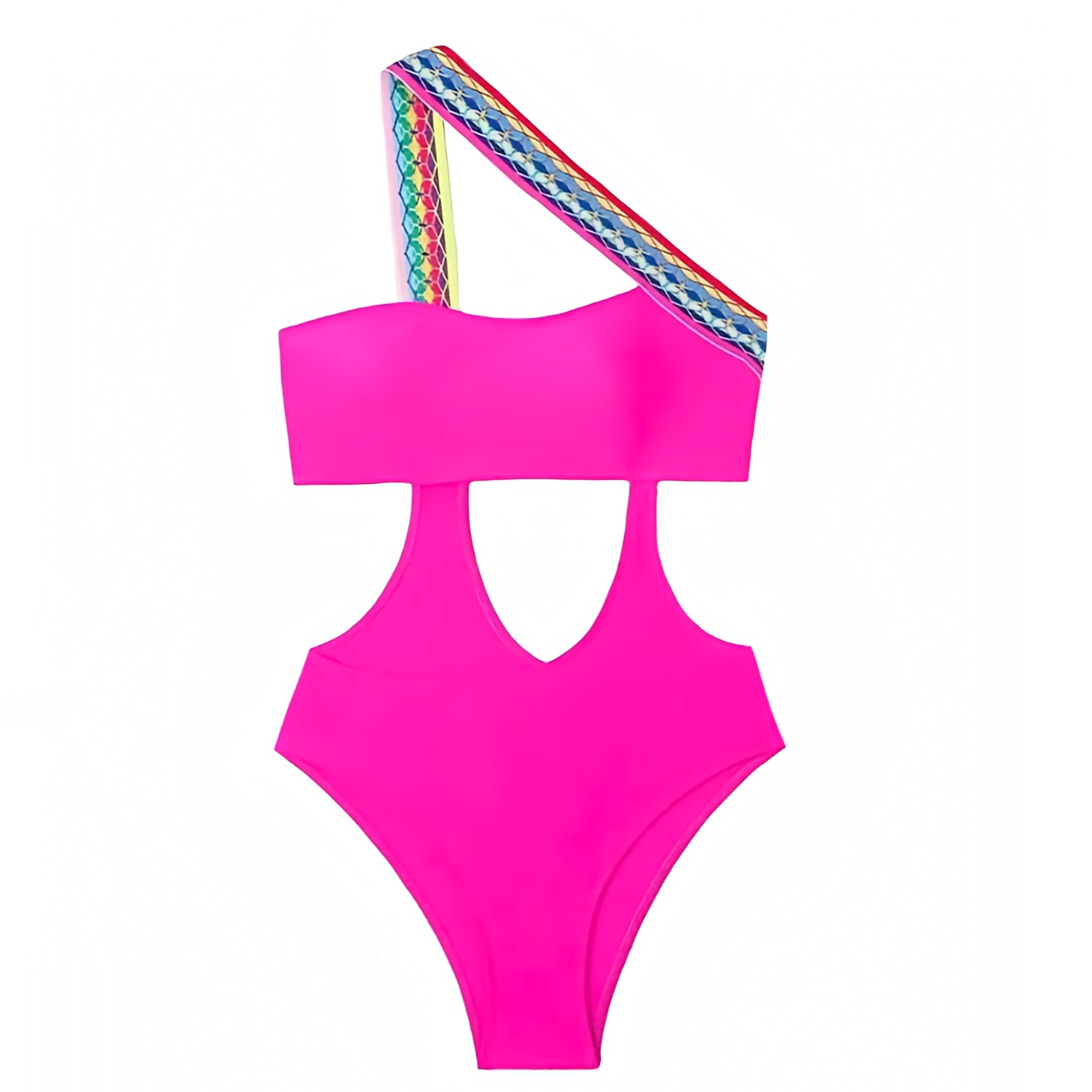 Hot Pink Rainbow Bodycon Cut-Out Asymmetric Off-Shoulder One Piece Swi ...